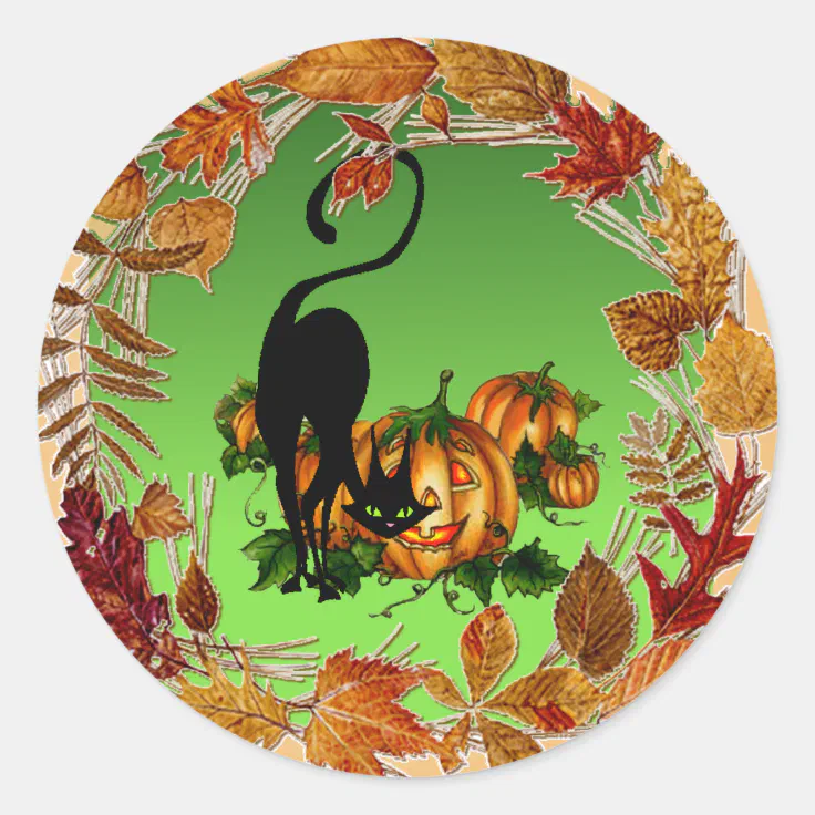 AUTUMN LEAVES BLACK CAT by SHARON SHARPE Classic Round Sticker | Zazzle