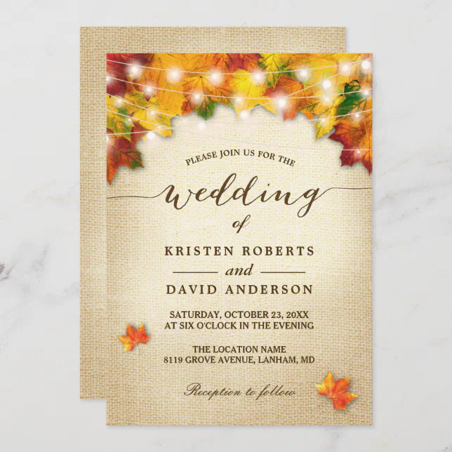 Autumn Leaves Burlap Twinkle Lights Fall Wedding Invitation | Zazzle