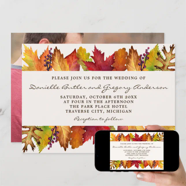 Autumn Leaves Fall Photo Wedding Invitation | Zazzle