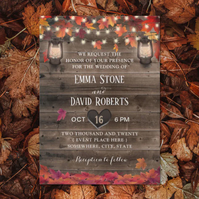 Autumn Leaves Lanterns & String Light Fall Wedding Invitation | Zazzle