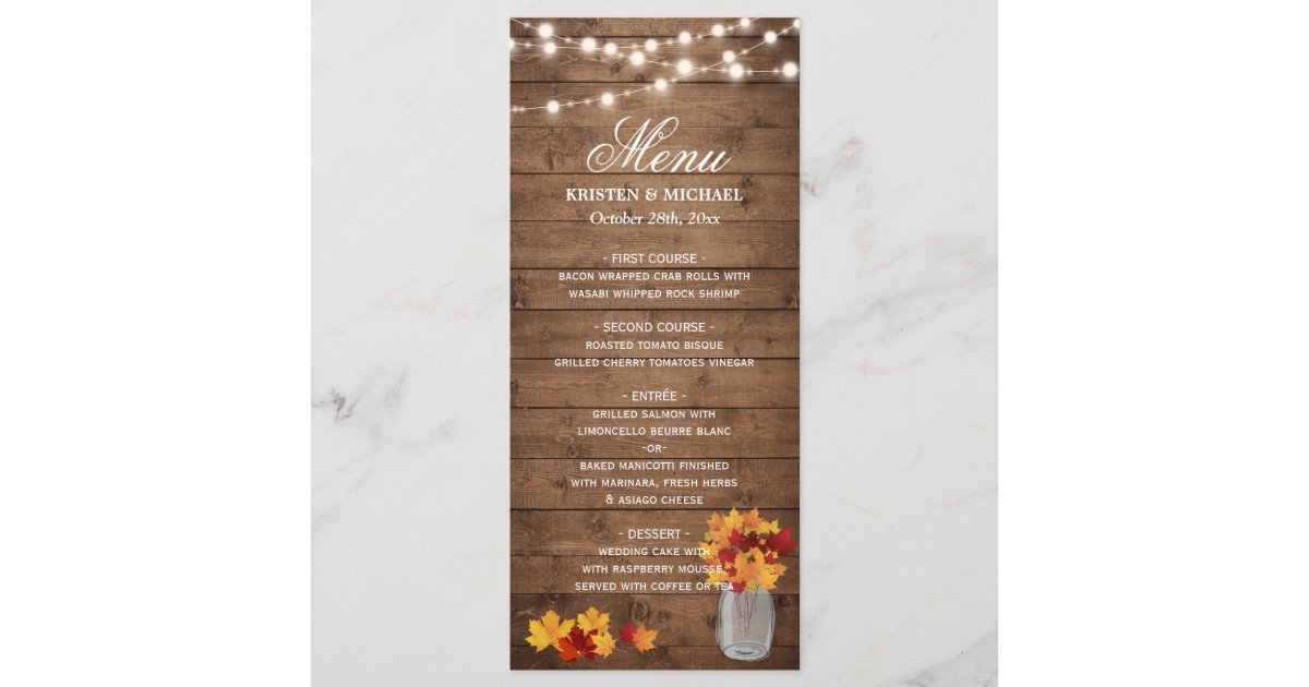 Autumn Leaves Mason Jar String Lights Wedding Menu | Zazzle