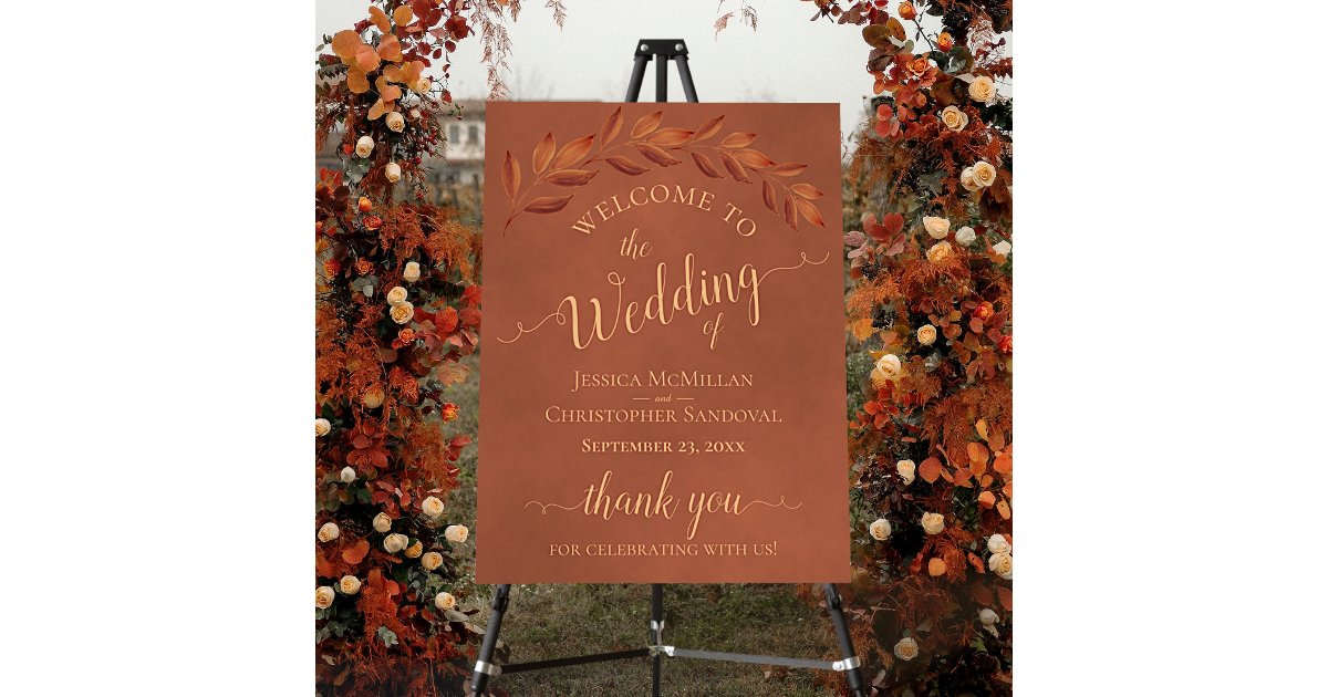 Autumn Leaves on Terracotta Wedding Welcome Sign | Zazzle