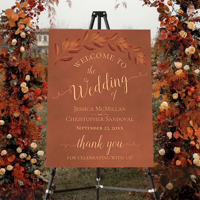 Autumn Leaves on Terracotta Wedding Welcome Sign | Zazzle