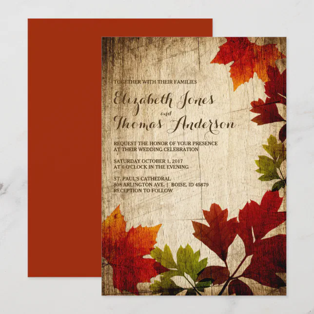 Autumn Leaves on Wood Rustic Fall Wedding Invitation | Zazzle
