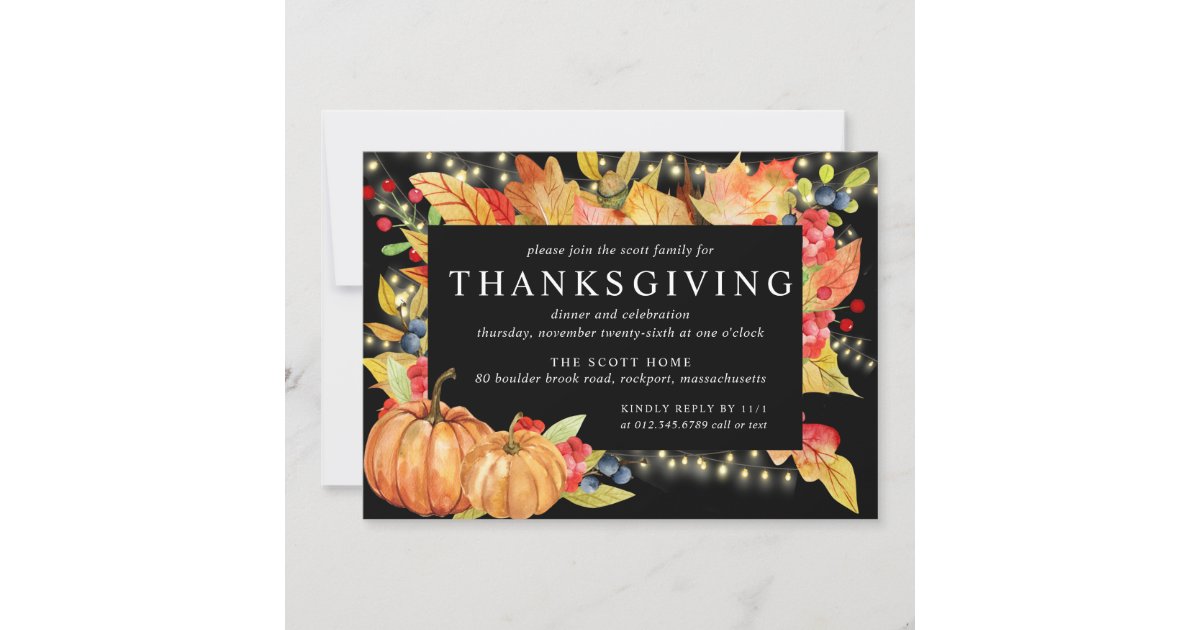 Autumn Leaves Pumpkin String Lights Thanksgiving Invitation | Zazzle