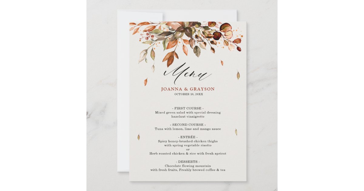 Autumn Leaves Rustic Country Wedding Menu Card | Zazzle