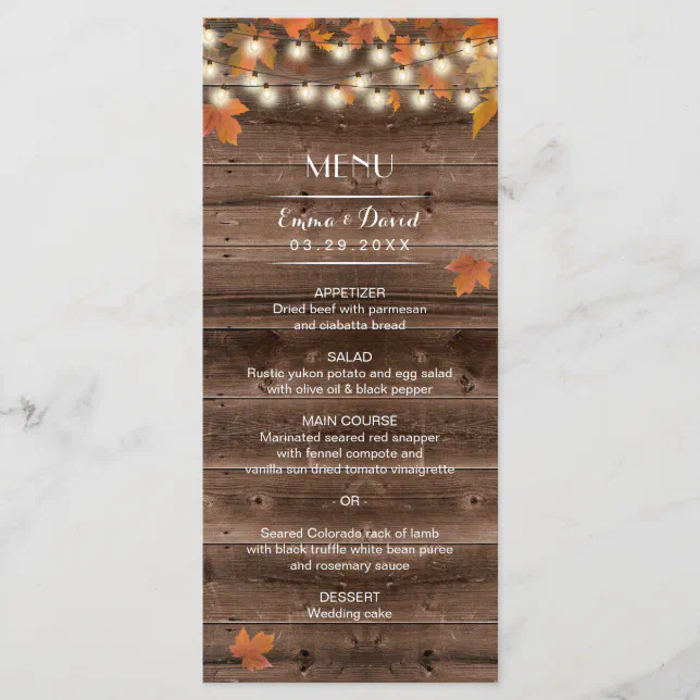 Autumn Leaves Rustic Fall Wedding Menu | Zazzle