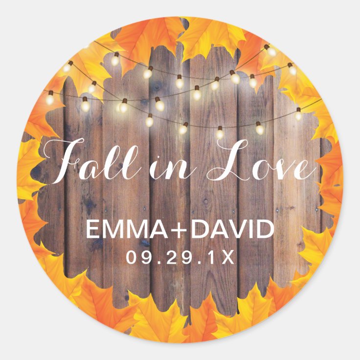 Autumn Leaves String Lights Fall in Love Wedding Classic Round Sticker ...