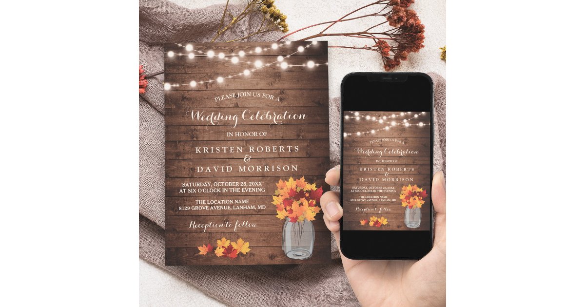 Autumn Leaves String Lights Rustic Fall Wedding Invitation | Zazzle