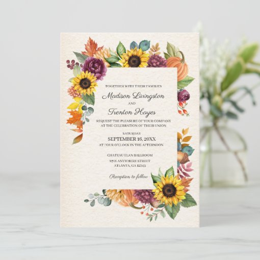 Autumn Leaves Sunflower Fall Wedding Invitation | Zazzle