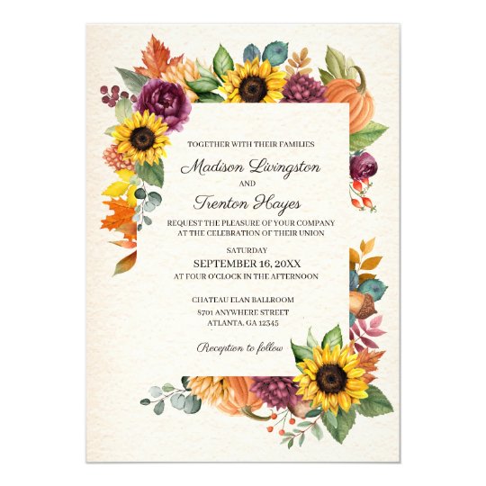 Autumn Leaves Sunflower Fall Wedding Invitation | Zazzle.com