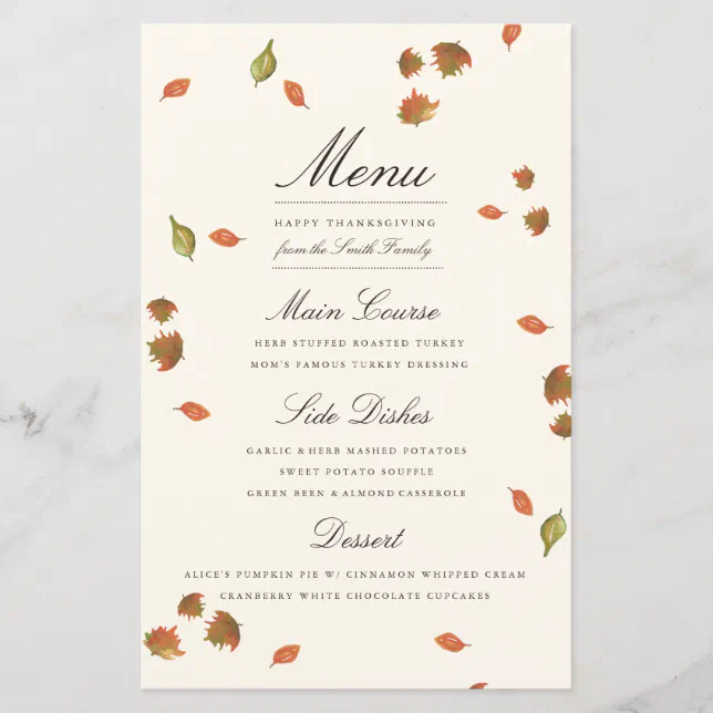 Autumn Leaves Thanksgiving Menu | Zazzle