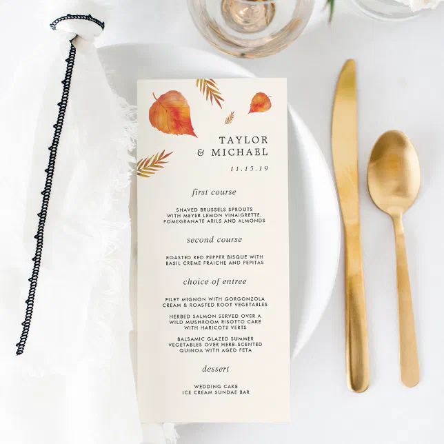 Autumn Leaves Wedding Menu Card | Zazzle