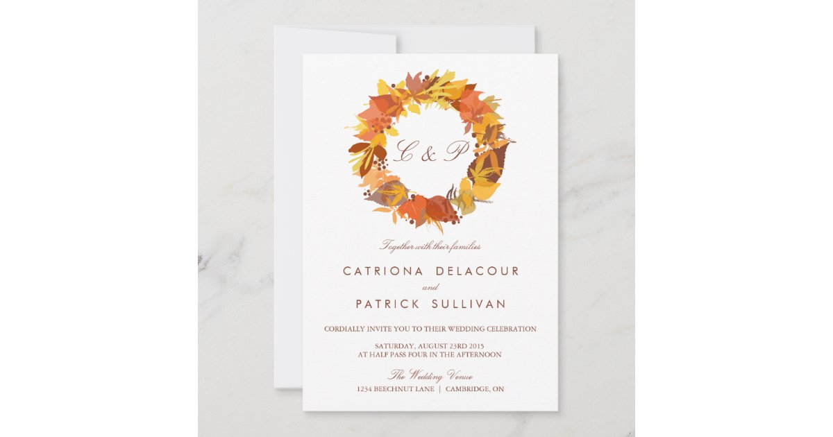 AUTUMN LEAVES WREATH FALL WEDDING INVITATION | Zazzle
