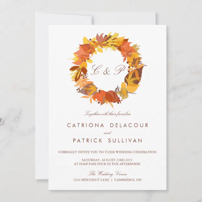 AUTUMN LEAVES WREATH FALL WEDDING INVITATION | Zazzle