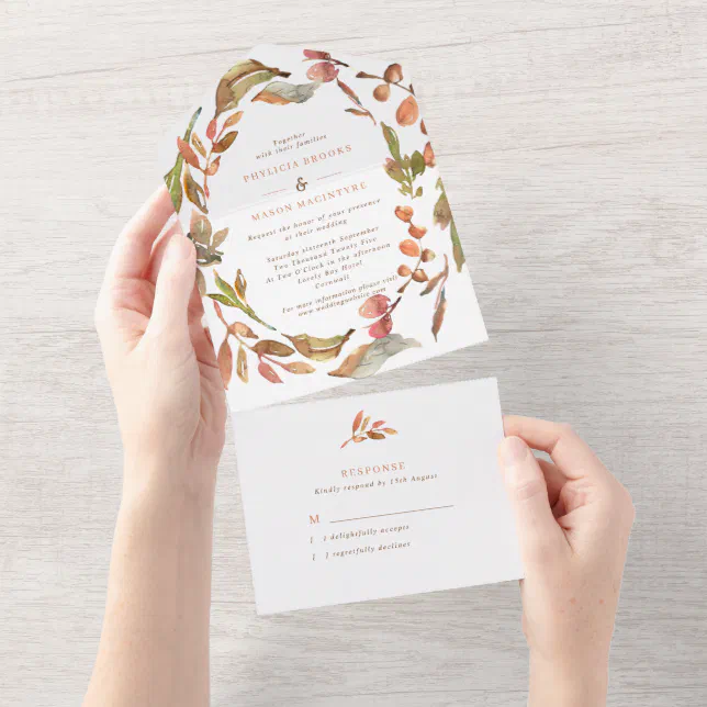 Autumn Leaves Wreath Wedding All In One Invitation | Zazzle