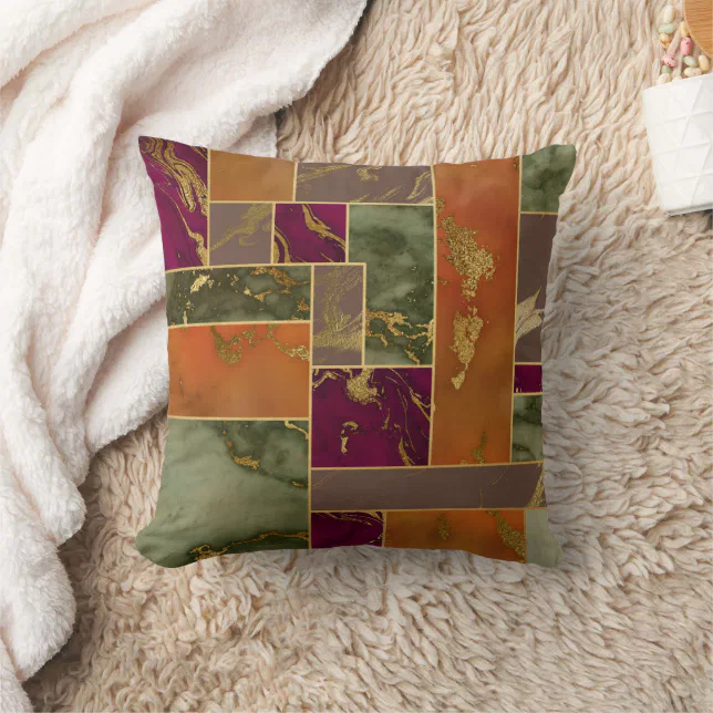 Autumn Luxury | Geometric Gold Jewel Tone Marble Throw Pillow | Zazzle
