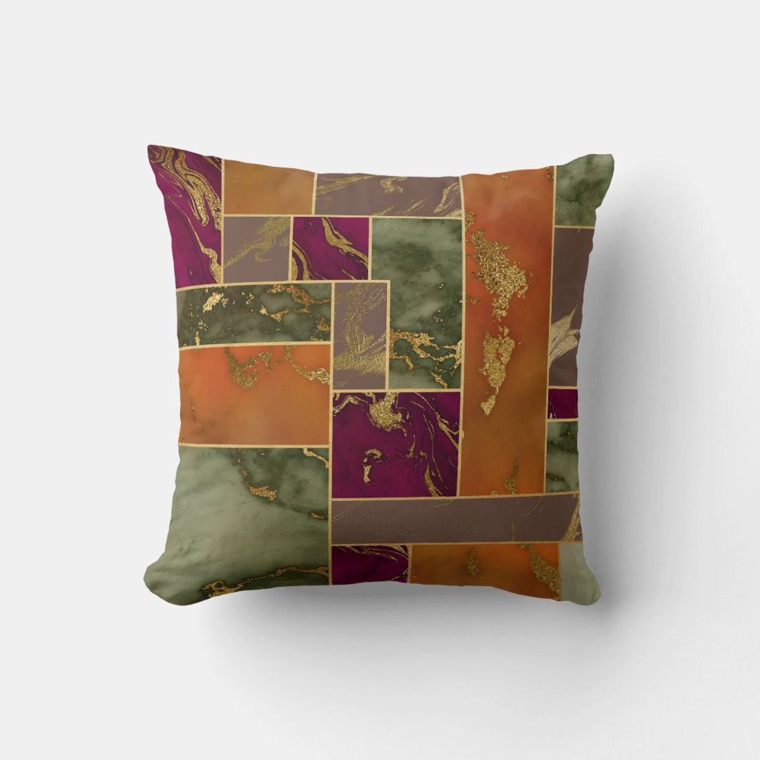 Autumn Luxury | Geometric Gold Jewel Tone Marble Throw Pillow | Zazzle