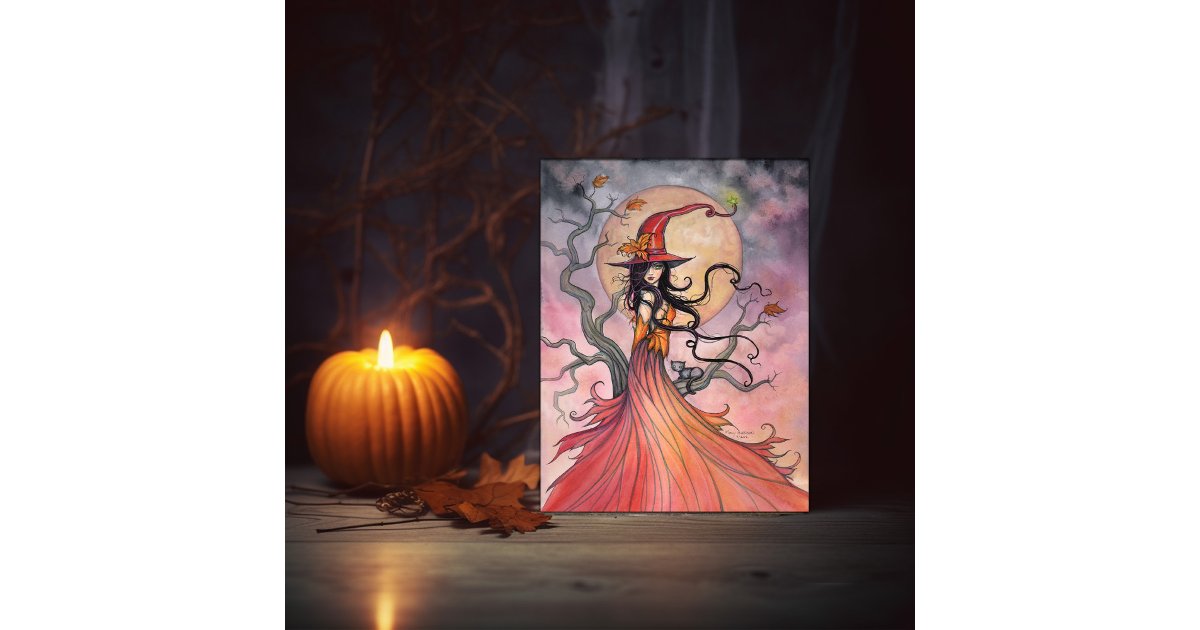 Autumn Magic Witch and Cat Fantasy Halloween Art Holiday Postcard | Zazzle
