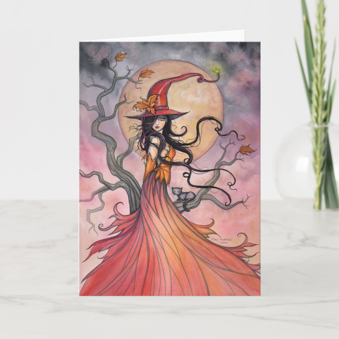 Autumn Magic Witch and Cat Halloween Art Card | Zazzle