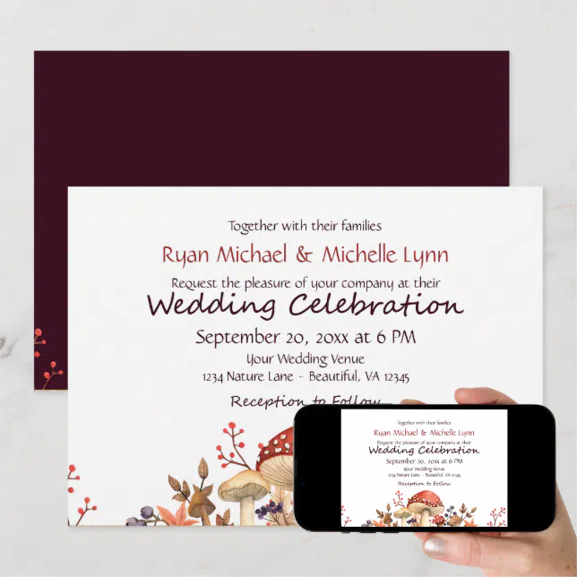 Autumn Mushrooms, Plants and Leaves Fall Wedding Invitation | Zazzle