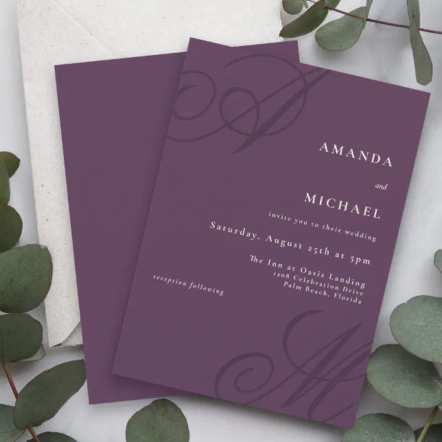 Autumn Plum Elegant Calligraphy Monogram Wedding Invitation | Zazzle