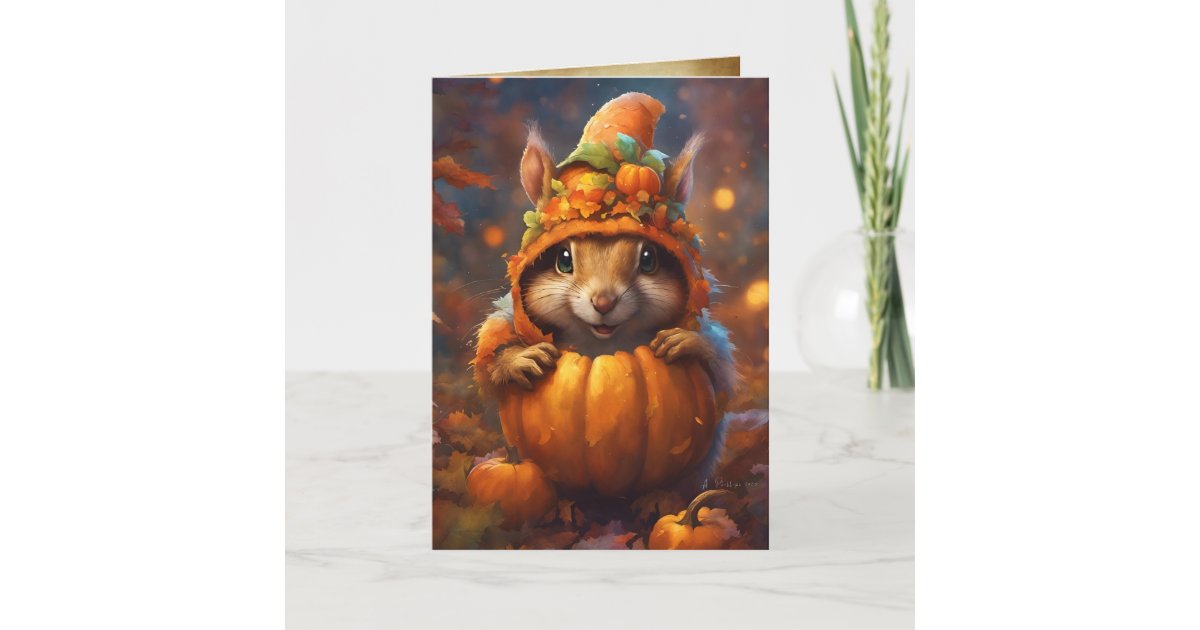 Autumn Pumkin Squirrel, Happy Halloween Cute Card | Zazzle