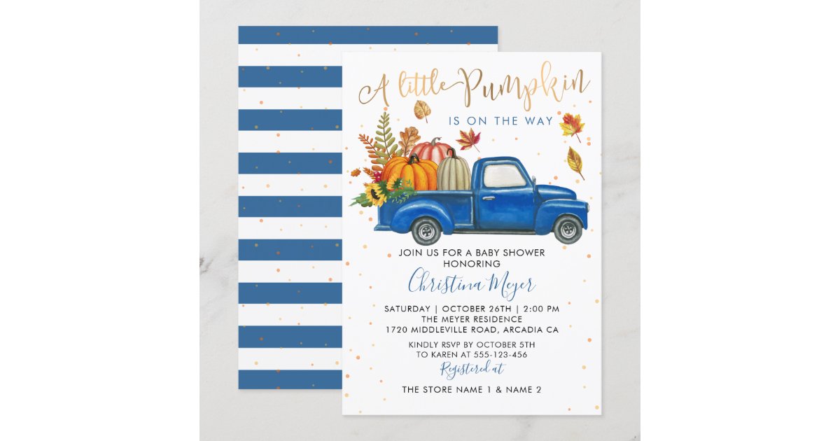 Autumn Pumpkin Blue Truck Fall Baby Shower Invitation | Zazzle