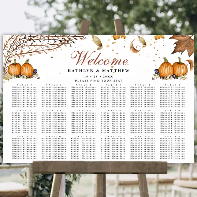 Autumn Pumpkin Botanical Wedding 18 Table Seating Poster | Zazzle