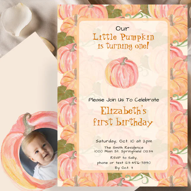 Autumn Pumpkin First Birthday Custom Photo Invitation | Zazzle