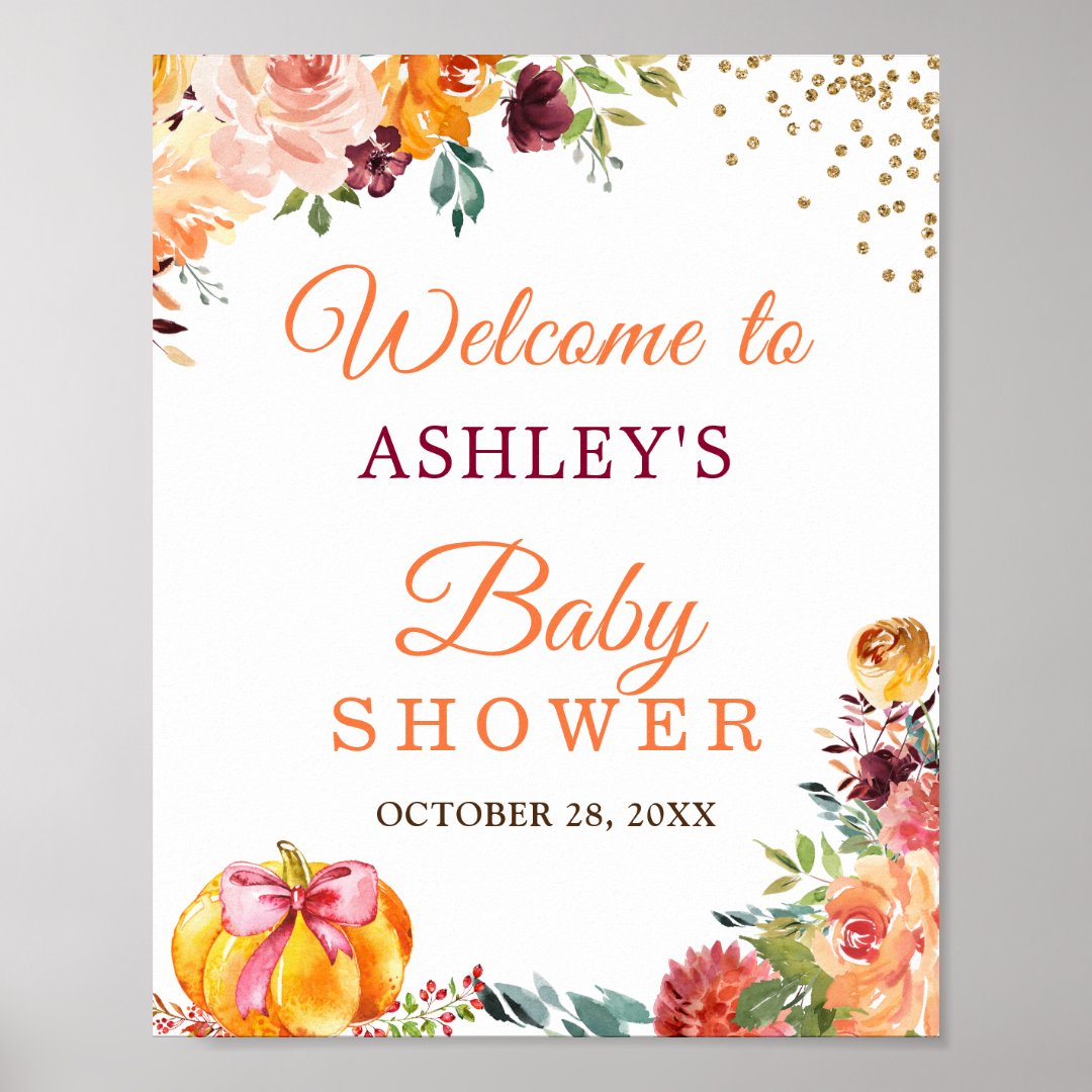 Autumn Pumpkin Floral Fall Baby Shower Sign | Zazzle