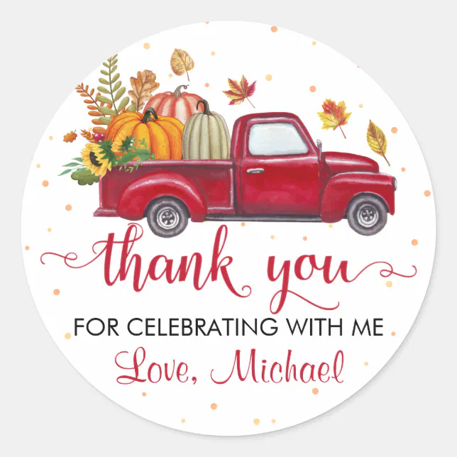 Autumn Pumpkin Leaves Red Truck Birthday Thank You Classic Round ...