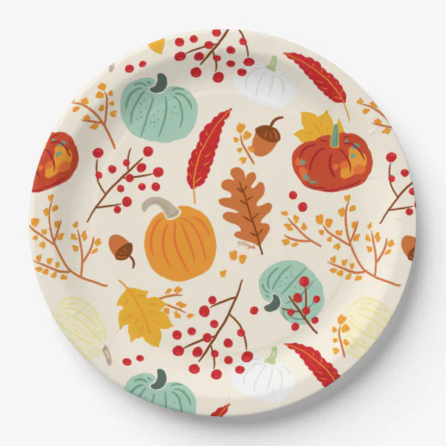 Autumn Pumpkins and Leaves Pattern Paper Plate | Zazzle