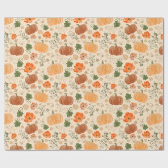 Autumn Pumpkins Fall Floral Garden Leaves Orange Wrapping Paper | Zazzle
