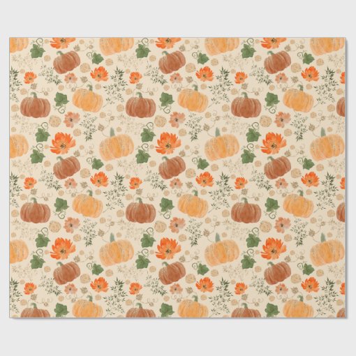 Autumn Pumpkins Fall Floral Garden Leaves Orange Wrapping Paper | Zazzle