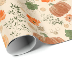 Autumn Pumpkins Fall Floral Garden Leaves Orange Wrapping Paper | Zazzle