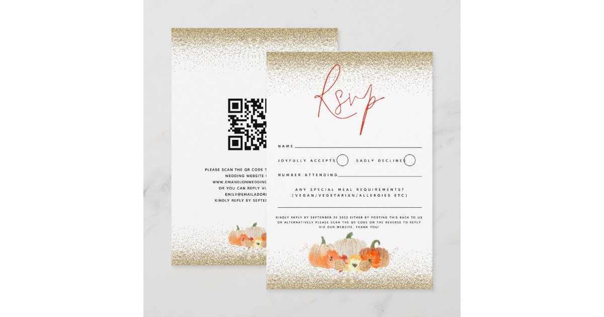 Autumn Pumpkins Floral Glitter Fall Script QR Code RSVP Card | Zazzle