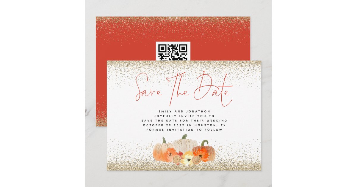Autumn Pumpkins Gold Glitter QR Code Wedding Save The Date | Zazzle