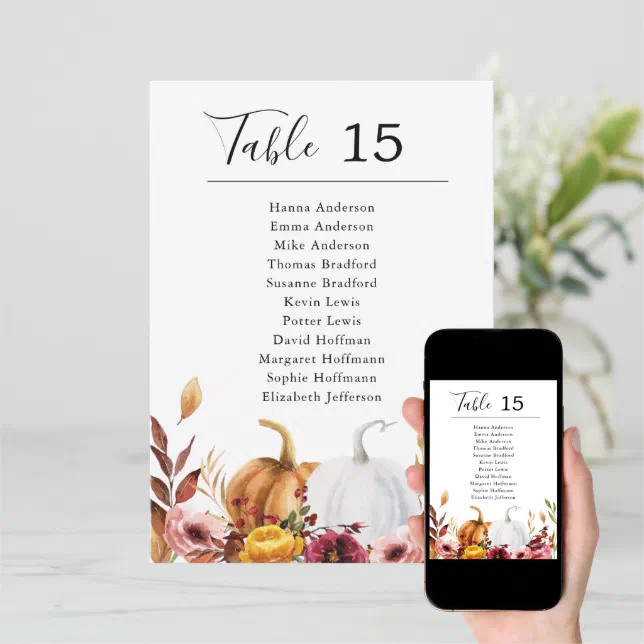 Autumn Pumpkins Table Card Seating Chart | Zazzle