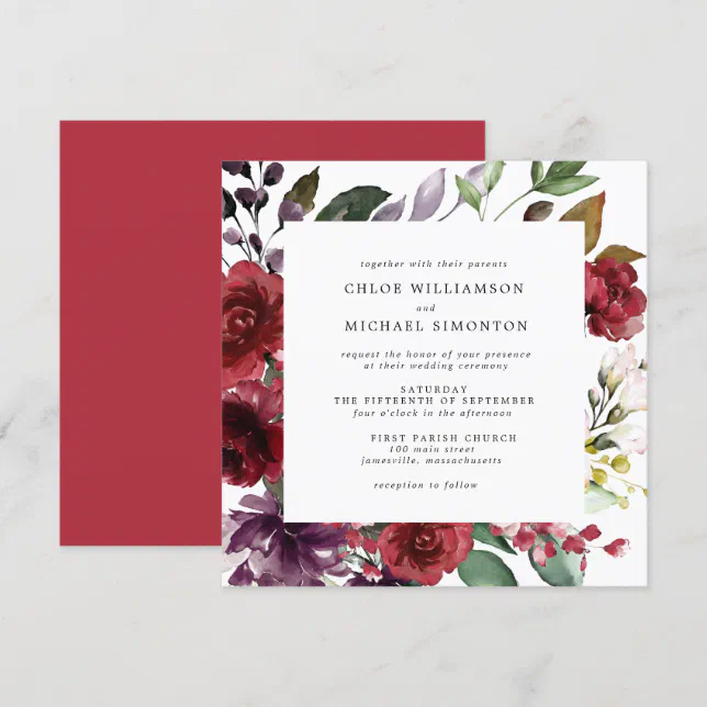 Autumn Red Floral Square Wedding Invitation | Zazzle