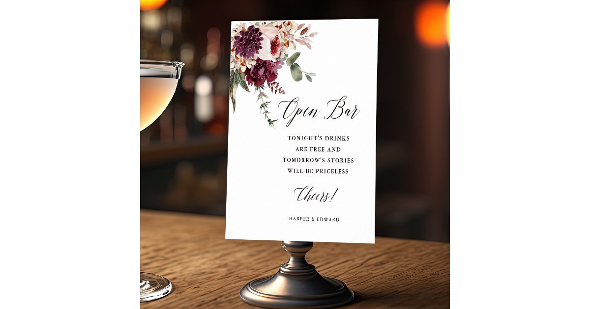 Autumn Romance Floral Wedding Open Bar Sign | Zazzle