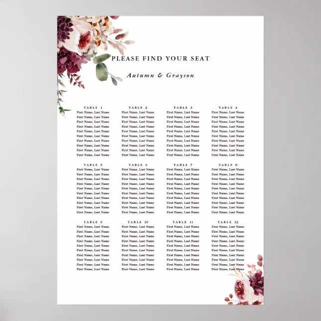 Autumn Romance Floral Wedding Seating Chart | Zazzle
