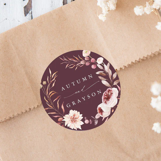 Autumn Romance Floral Wreath Wedding Burgundy Classic Round Sticker ...
