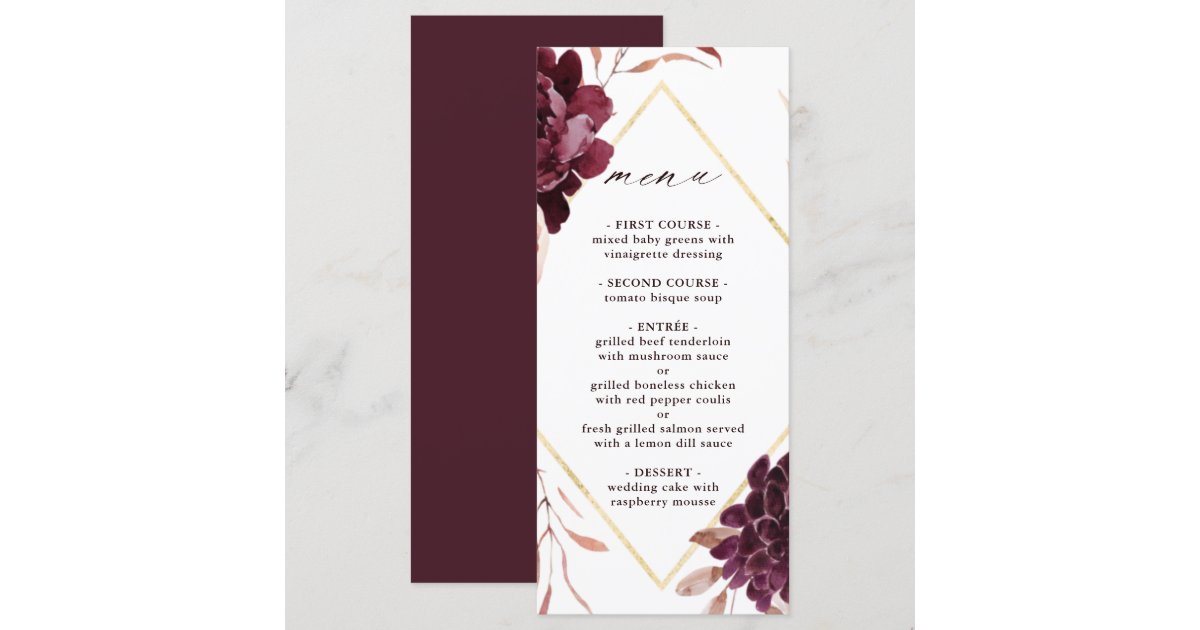Autumn Romance Gold Frame Burgundy Wedding Menu | Zazzle