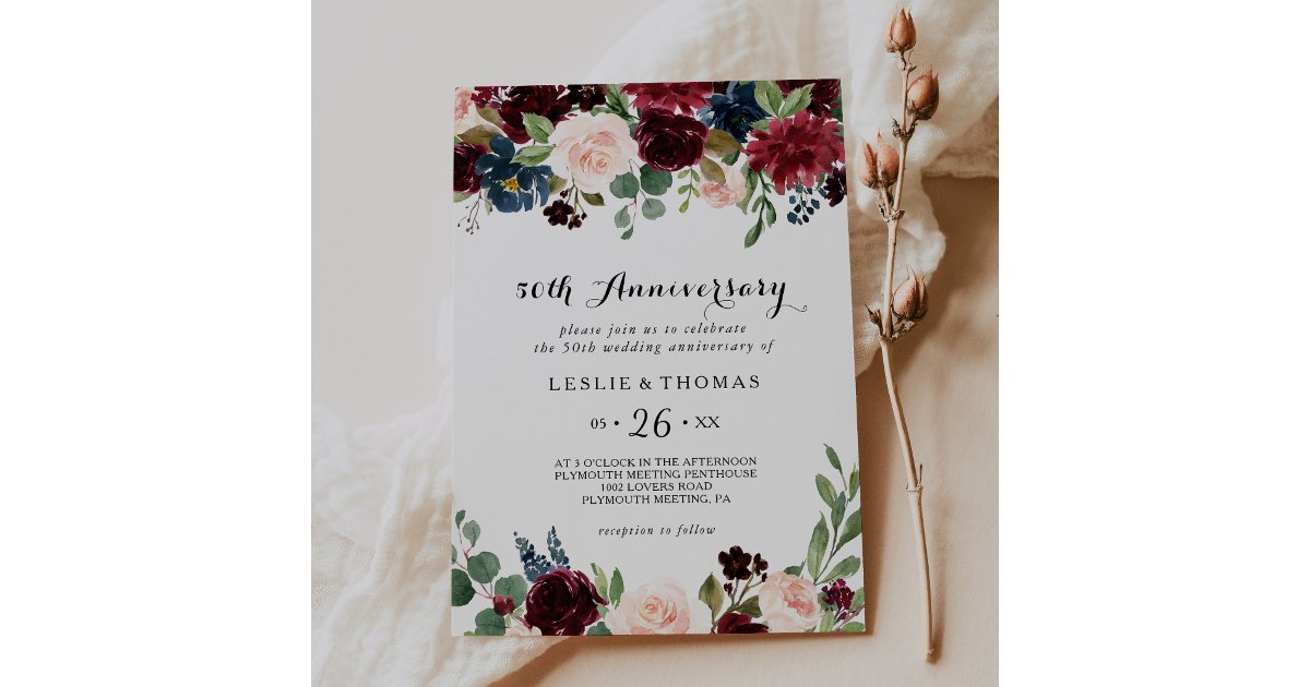 Autumn Rustic Burgundy 50TH Wedding Anniversary Invitation | Zazzle