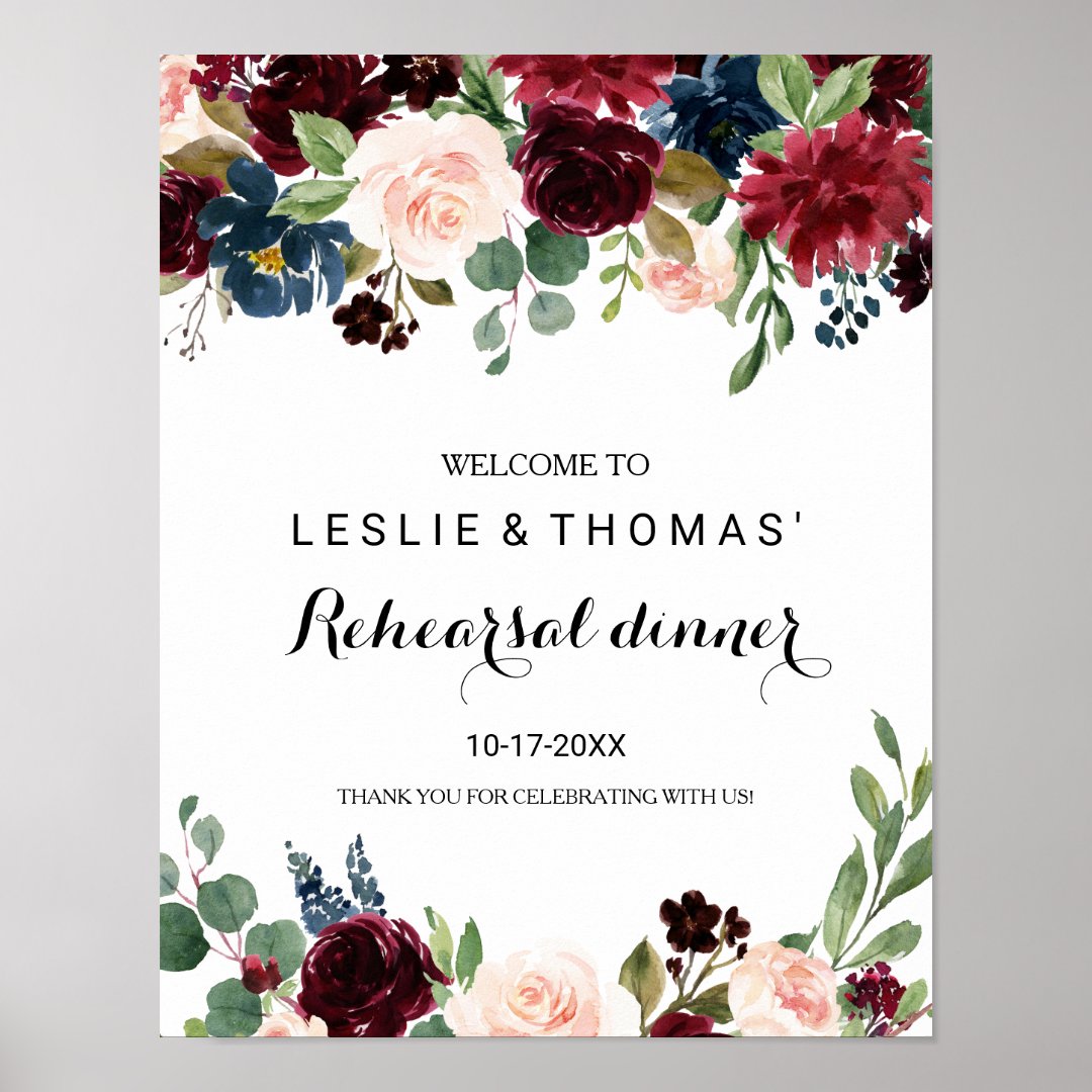 Autumn Rustic Burgundy Rehearsal dinner Welcome Poster | Zazzle