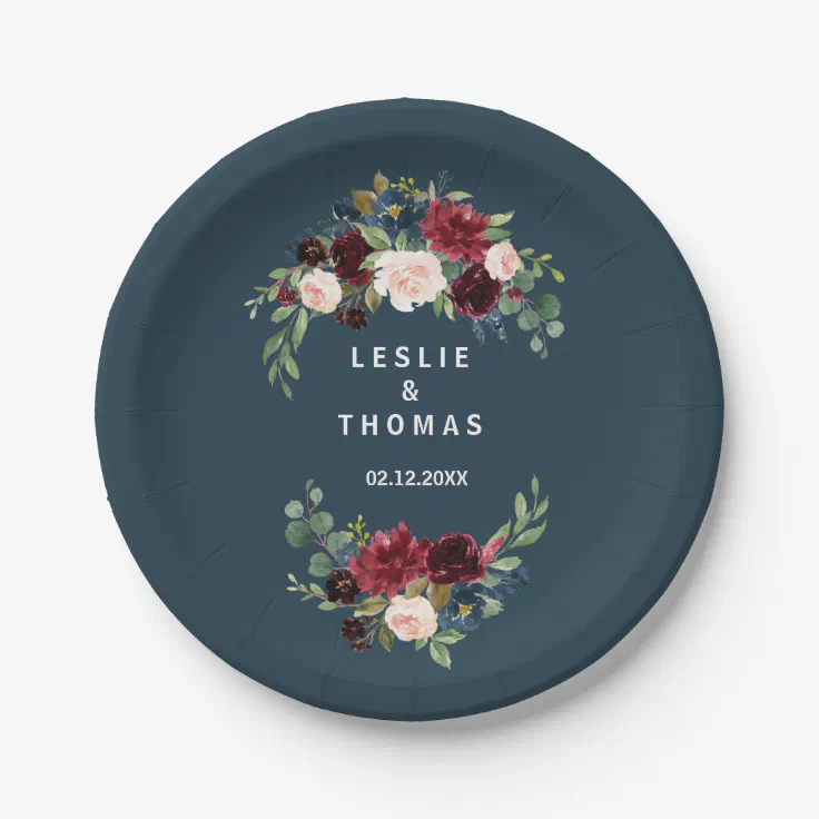 Autumn Rustic Dazzling Burgundy Wedding Paper Plates | Zazzle