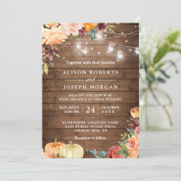 Autumn Rustic Floral Pumpkin String Lights Wedding Invitation | Zazzle