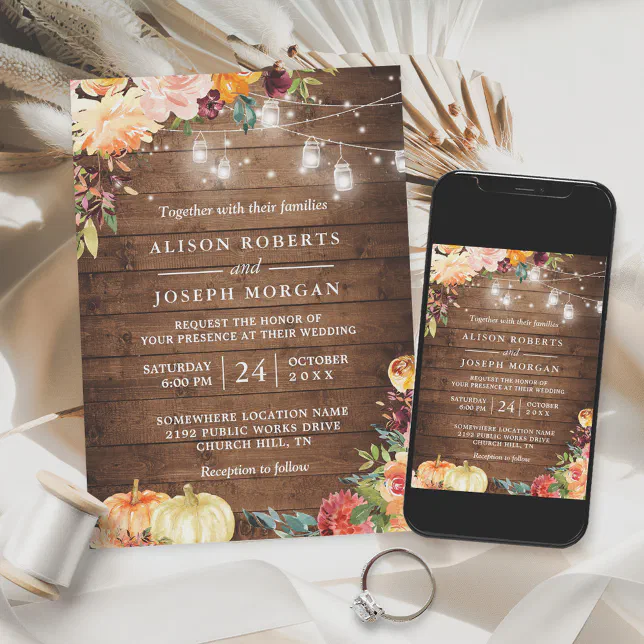 Autumn Rustic Floral Pumpkin String Lights Wedding Invitation | Zazzle