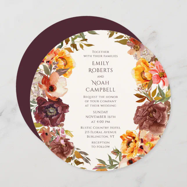 Autumn Rustic Plum Orange Floral Wedding Invitation | Zazzle